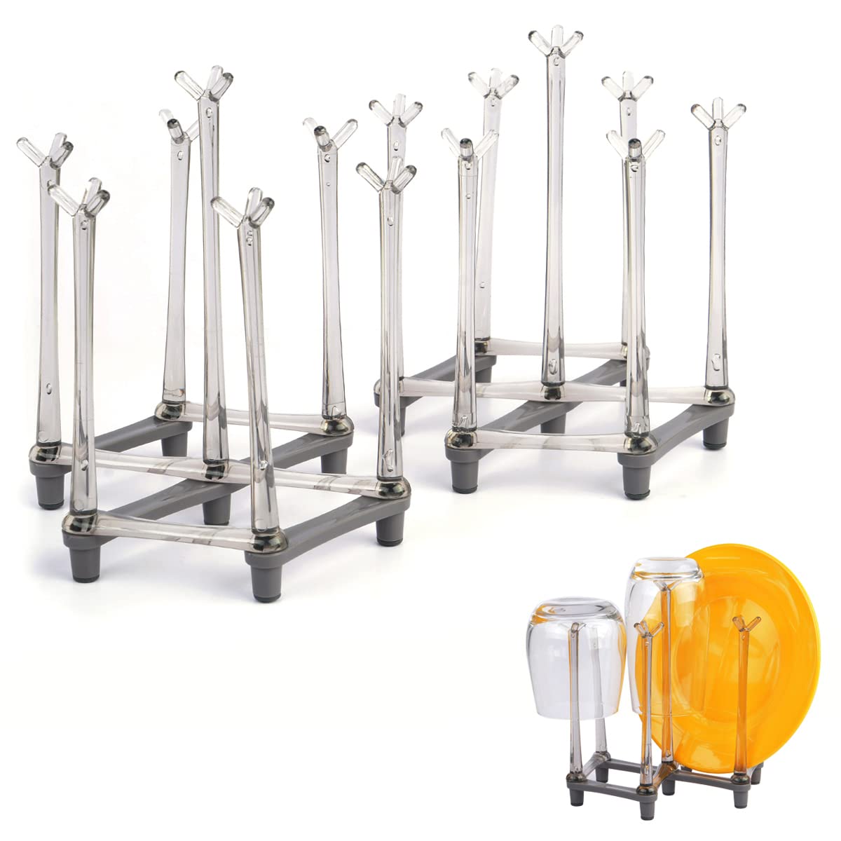 Retractable Cup Drying Rack, Drinking Glass Drainer Stand, Baby Bottle & Sports Bottle Draining Organizer, Countertop Mug Tree, Mugs Tea Cups Storage Rack with Non-Slip Bottom, PP Material, Gray-1 Pcs