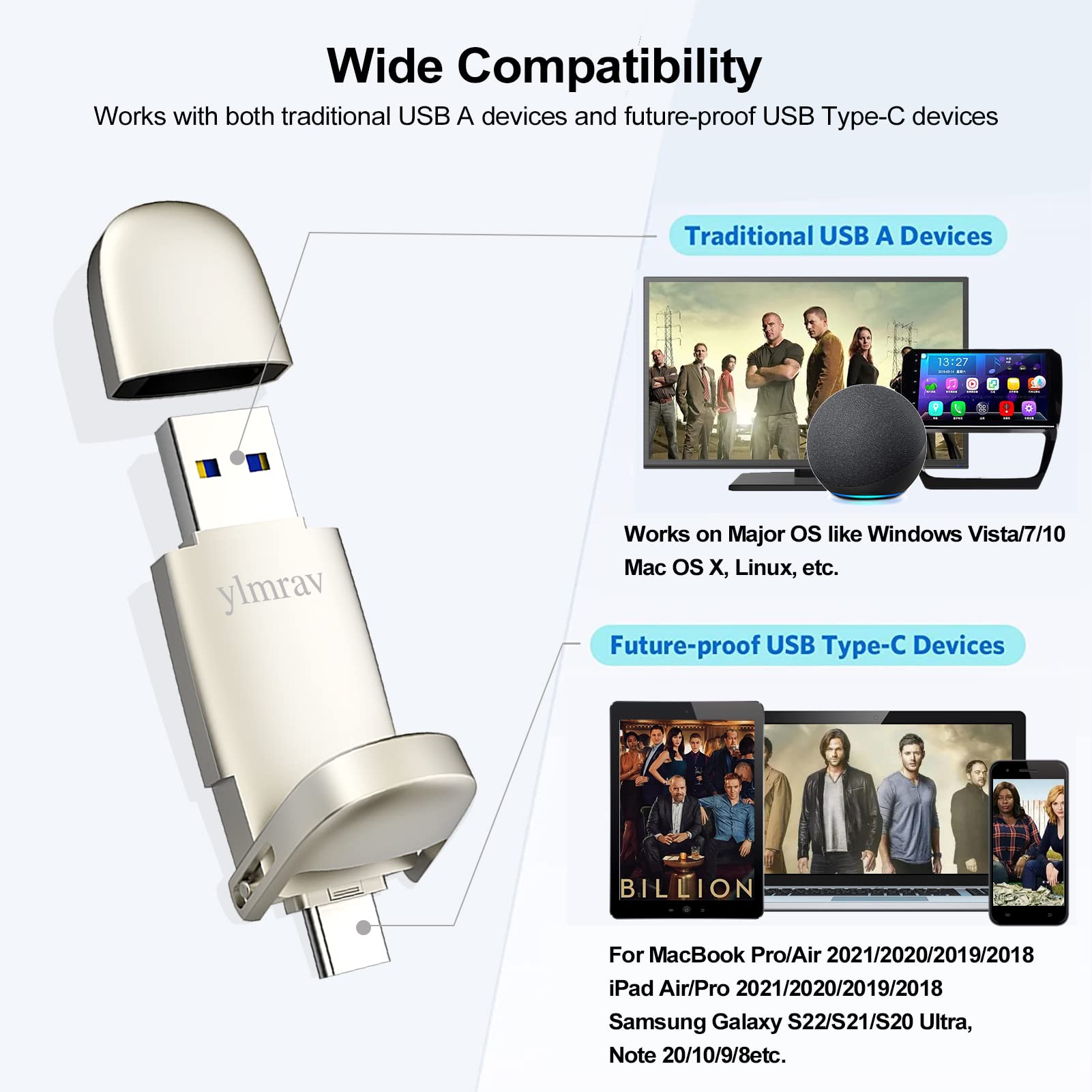 Flash Drive 256G, USB Memory Stick External Storage, Thumb Drive Compatible with Phone, Tablet, Android, PC and More Devices,USB-C Drive for Cell Phones, USB3.2 OTG Data Storage for Phone Accessories