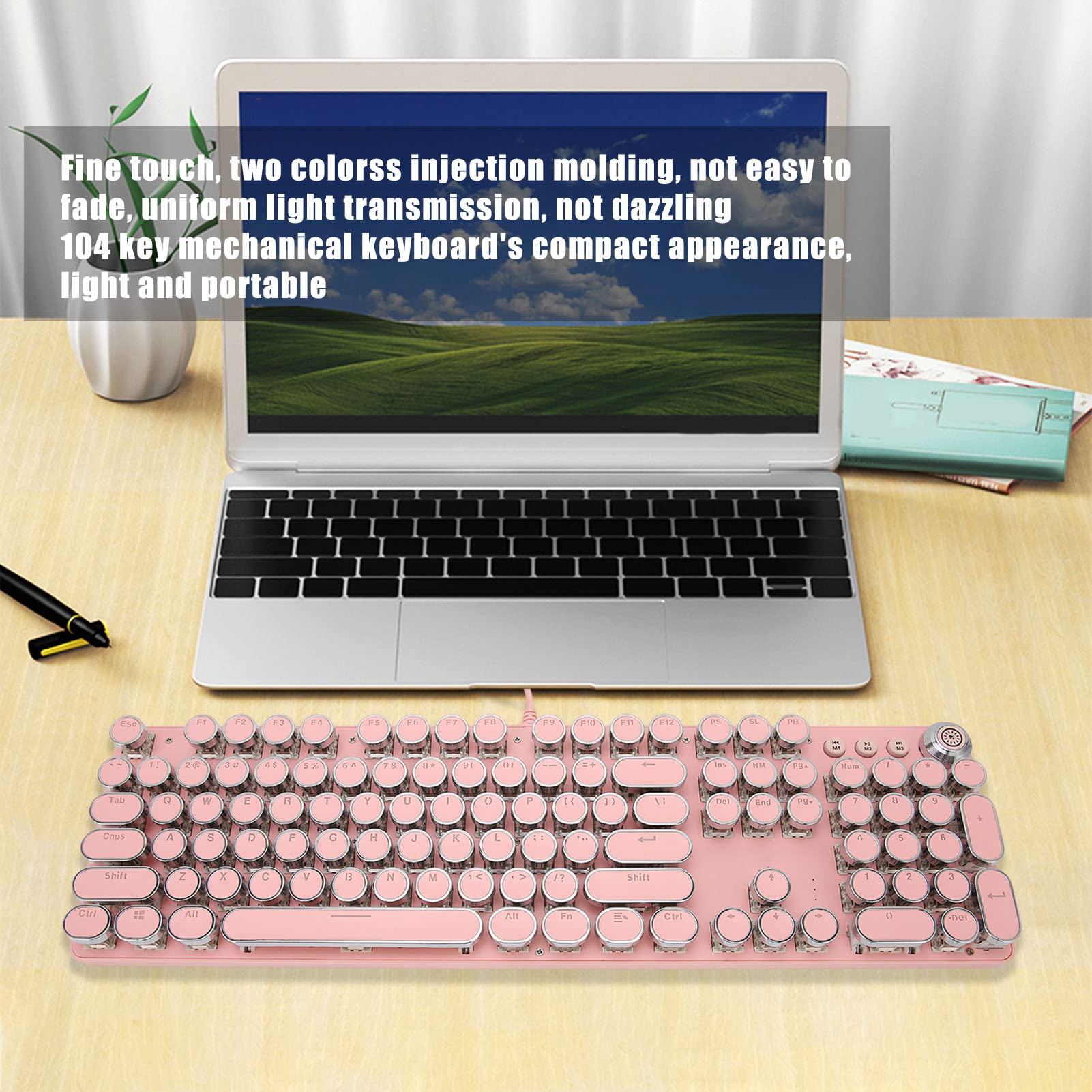 Pink Gaming Keyboard, Round Keycaps Mechanical Keyboard, Retro Punk Typewriter Keyboard, Pink and White Backlight, USB Wired, for Computer(Pink Punk)