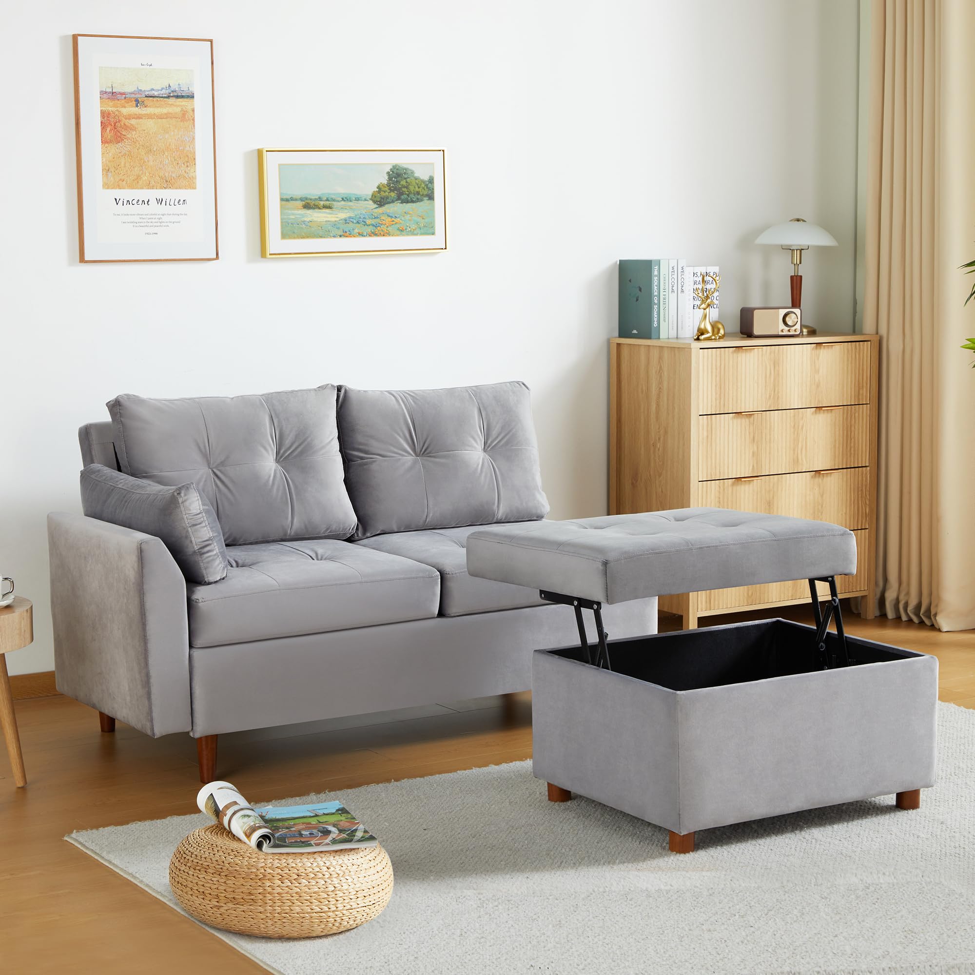 LEVNARY Sectional Sofa Chaise, L-Shaped Loveseat Couch with Storage Ottoman, Velvet Comfy Upholstered Sleeper Sofa Chaise Lounge for Living Room, Office, Apartment, Home (Gray)