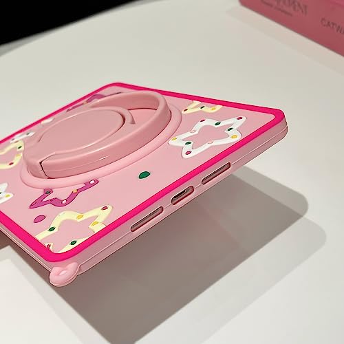 Premium Cute Soft Silicone Pink Star Colorful Kawaii Pattern Tablet Case with Built-in Foldable Kickstand and Lanyard Shockproof Cover Case for iPad Air 2019/ Pro 10.5"