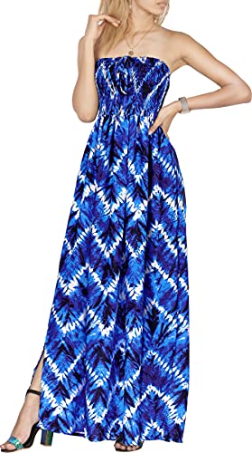 LA LEELA Women's Boho A line Smocked Strapless Dresses Evening Long Tube Top Slit Maxi Dress for Women One Size Azure, Zig Zag
