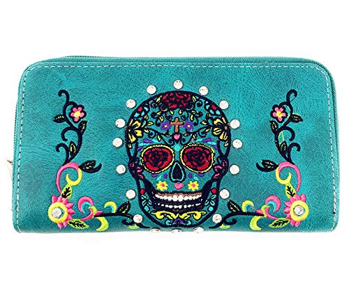 Texas West Women's Embroide Sugar Skull Handbag Purse Wallet Set in Multi Color (Turq)