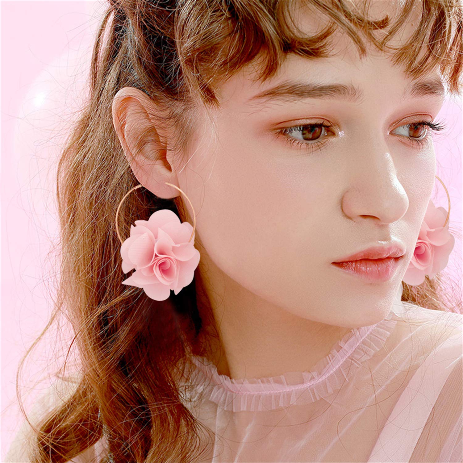 DAMLENG Lightweight Bohemian Big Fabric Flowers Dangle Drop Earrings Handmade Charm Chic Petal Hoop Earrings with Chiffon Floral Tassel for Women Vacation Wedding (Pink)