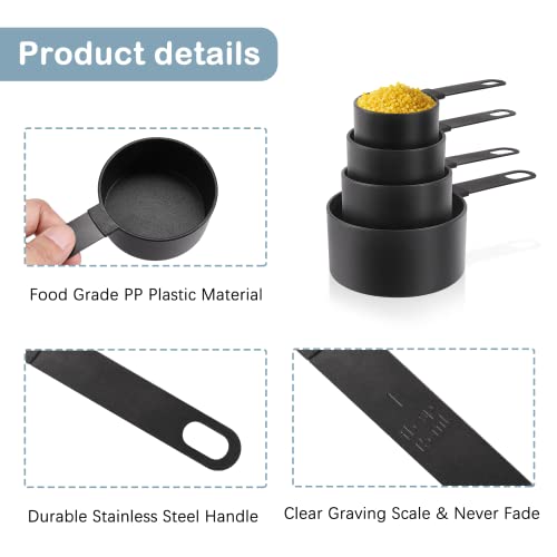 NileHome Measuring Cups and Spoons Set, Plastic Measuring Spoons 8 Piece Includes 4 Measuring Cup Set and 4 Measuring Spoons Set Stackable Stainless Steel Handle Measure Cups for Cooking&Baking, Black