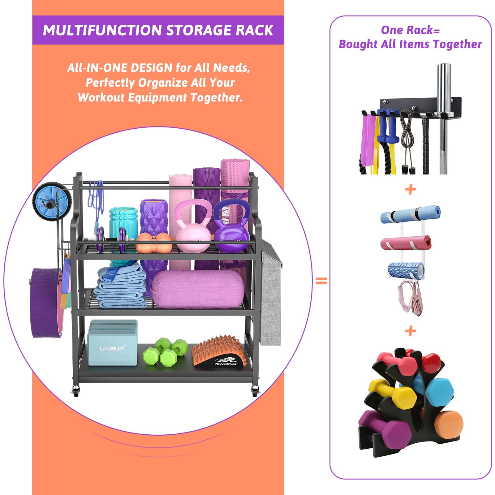 Cyclysio Yoga Mat Storage Racks, Home Gym Storage Rack Workout Equipment Organizer for Dumbbells Kettlebells Foam Roller Resistance Bands with Wheels and Hooks, Dumbbell Storage Rack, Black+Black