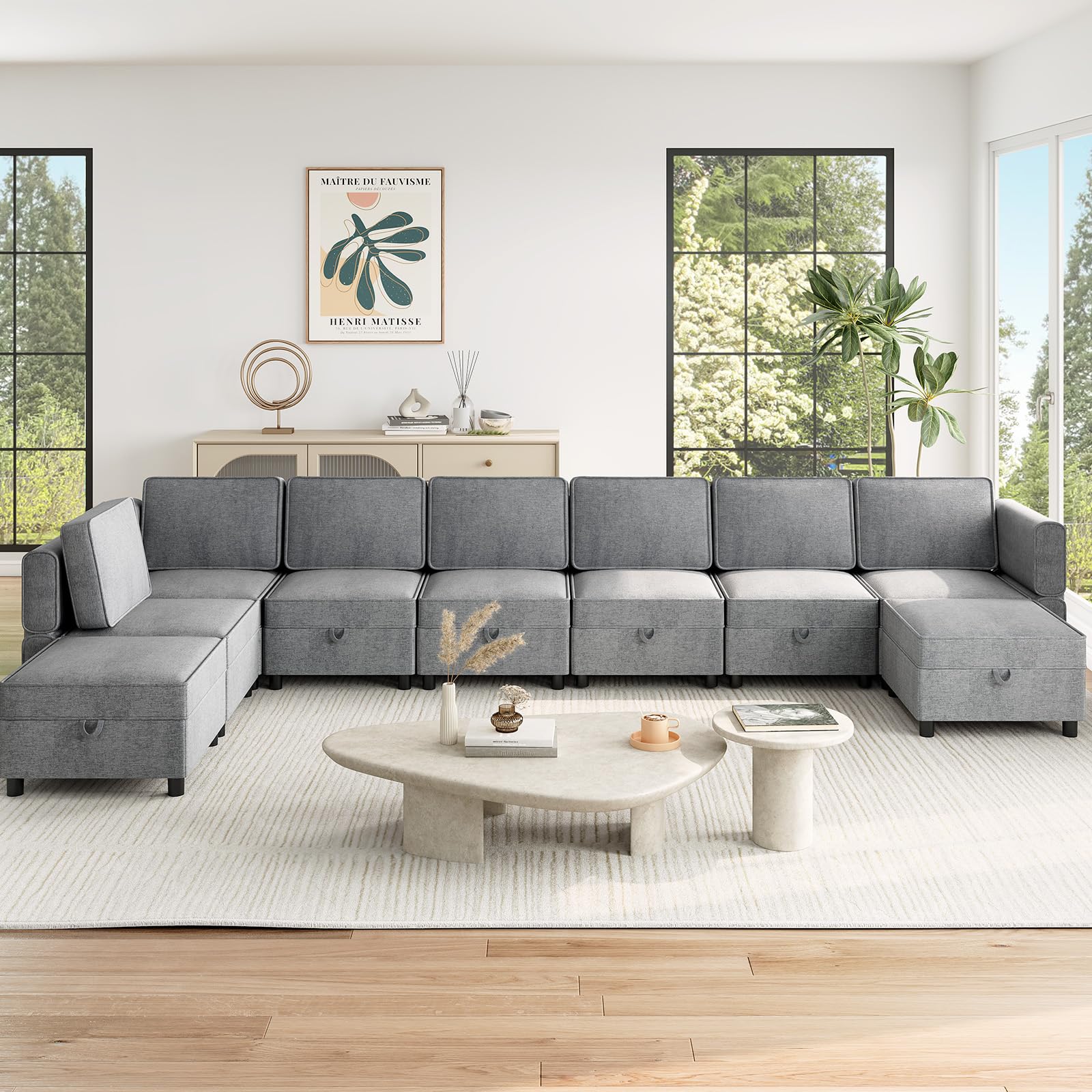 GAOMON 139.4" Chenille Reversible Sectional Sofa, 9-Seater Modular Sectional Sofa, Comfy Sectional Sleeper Sofa Couch with Chaise, U-Shape Modular Couch with Storage Seats & Ottomans, Grey