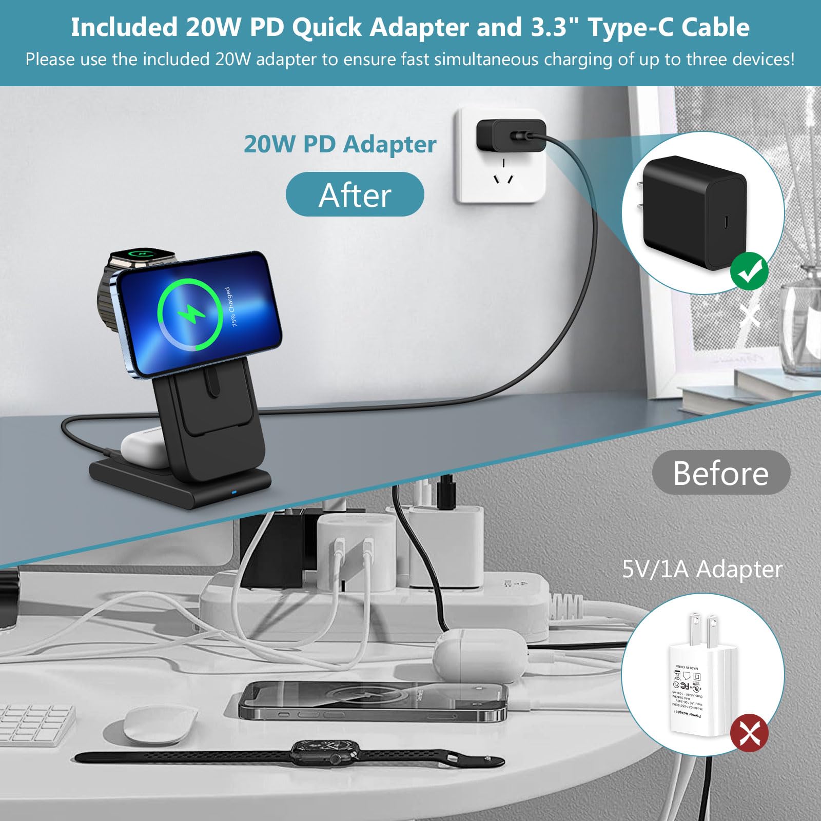 DDUAN 3 in 1 Wireless Charging Station, Foldable Fast Charger Stand with 5000mAh Mag-Safe Portable Battery Bank for iPhone 15/14/13/12, for All Apple Watch, for AirPods 2/3/Pro (Black)