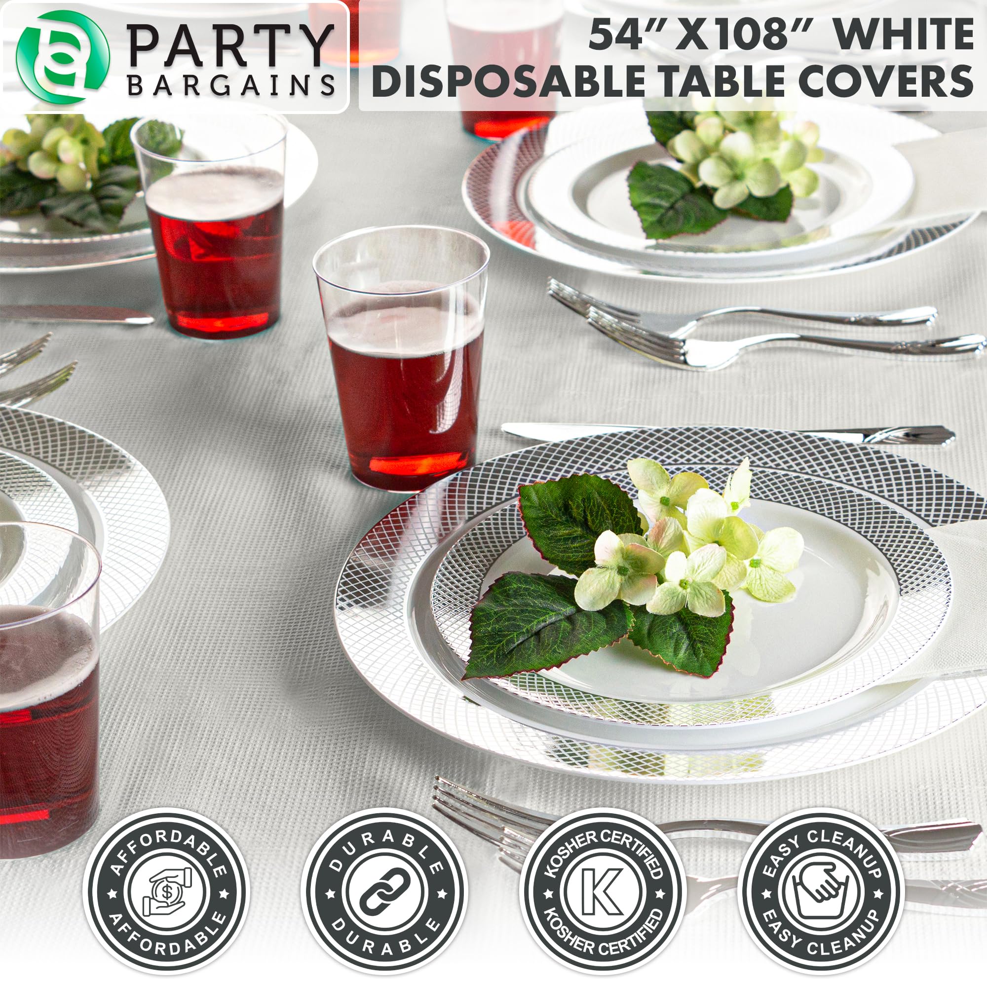 PARTY BARGAINS 5 Disposable Table Covers - 54" X 108", 3 Ply Paper & Plastic White Table Cover