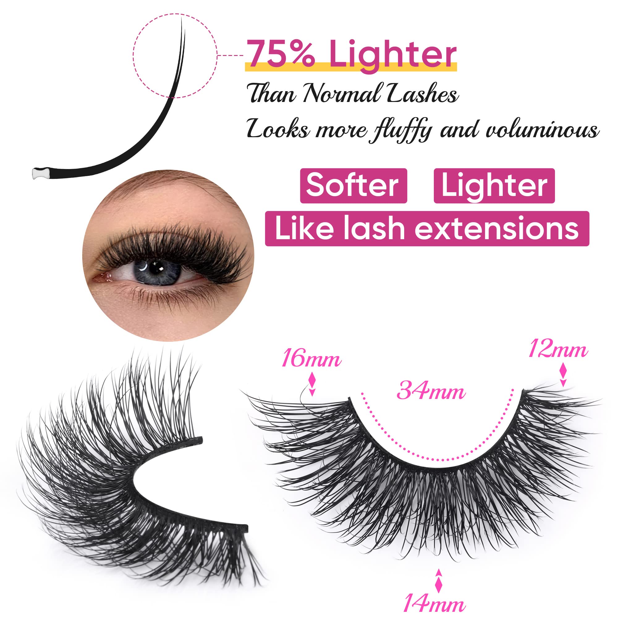 Flat Mink Lashes Natural Look Wispy False Eyelashes That Look Like Extensions Fluffy Cat Eye Lashes 16mm Strip Fake Eyelashes Pack by TNFVLONEINS-7 Pairs