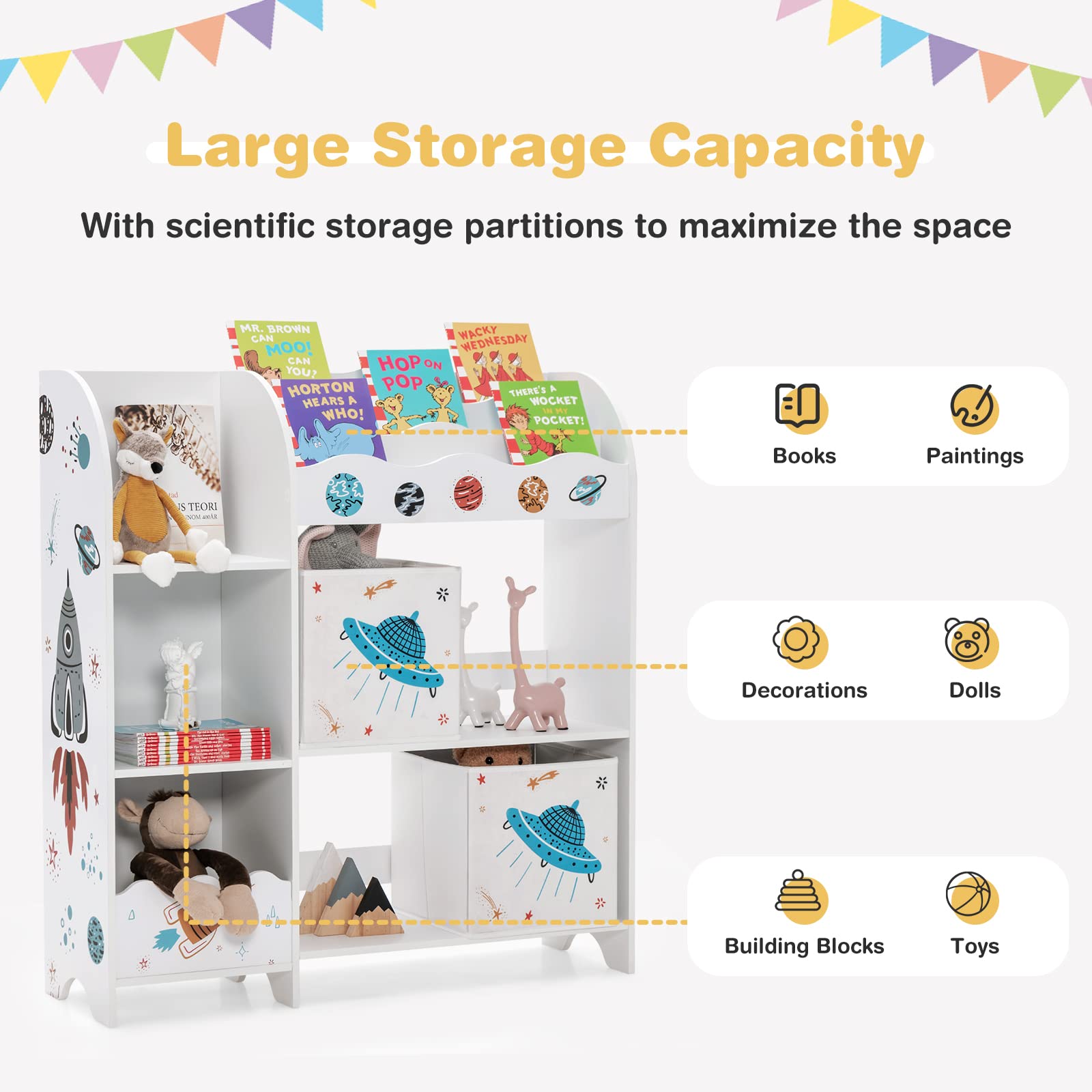 HONEY JOY Kids Toy Storage Organizer, Wooden Storage Unit with 2 Storage Boxes, Toddler Storage Display Bookshelf Daycare Furniture for Playroom, Children’s Room, Living Room(Planet)