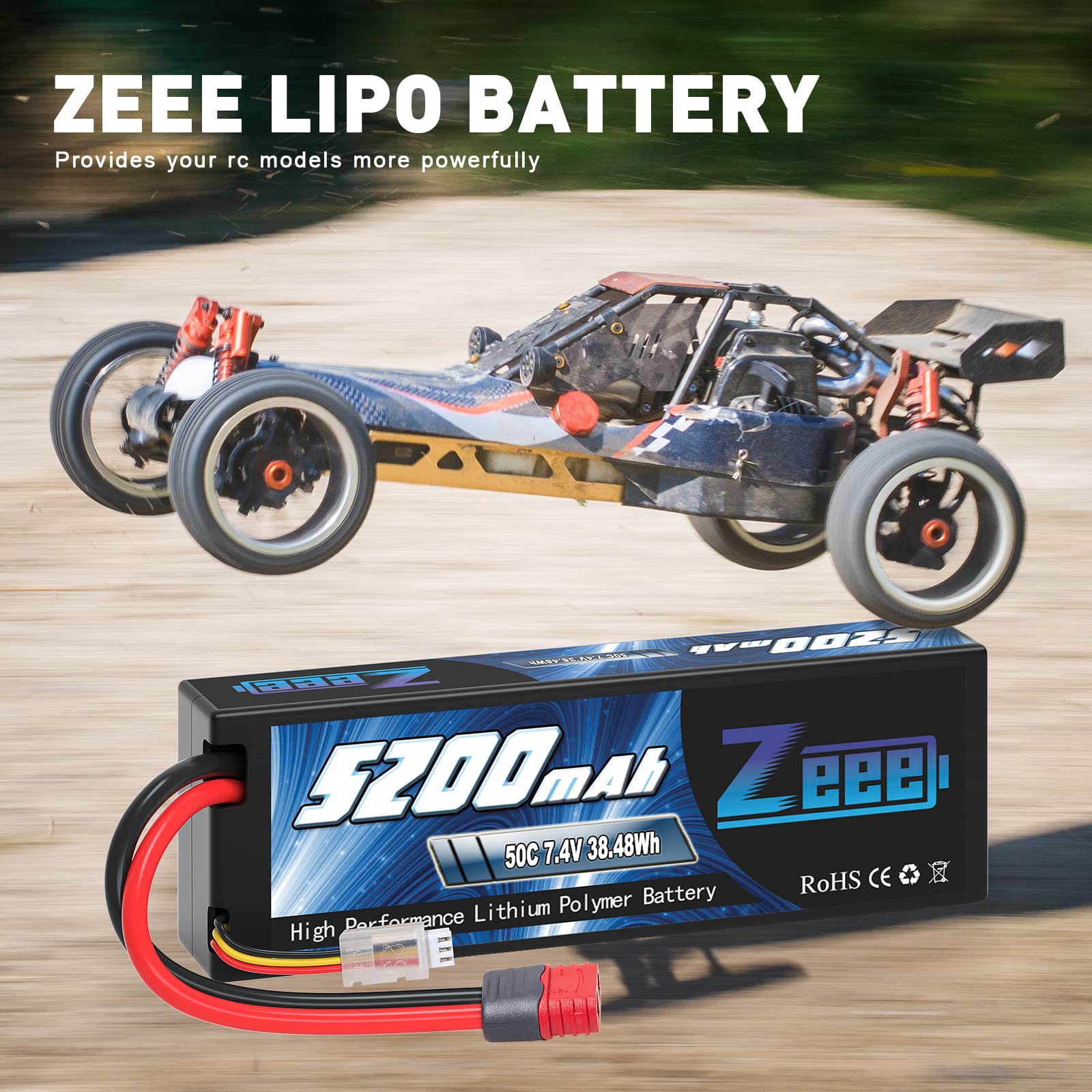 Zeee 2S Lipo Battery 5200mAh 7.4V 50C Deans T Plug with Housing Hard Case Battery for 1/8 1/10 RC Vehicles Car Slash RC Buggy Truggy RC Truck Racing Hobby(2 Pack)