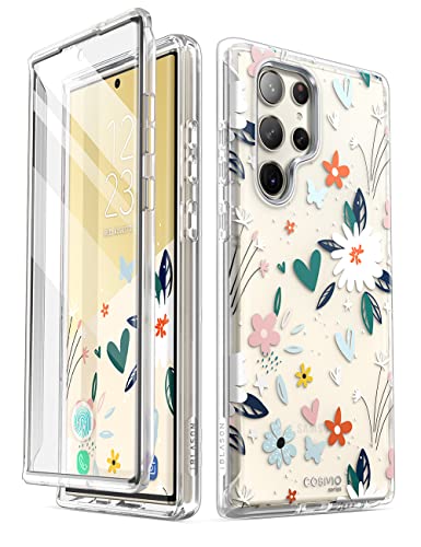 i-Blason Cosmo Series for Samsung Galaxy S23 Ultra Case 6.8" (2023 Release), [Fingerprint ID Compatible] Slim Full-Body Stylish Protective Case with Built-in Screen Protector (Flower Paint)