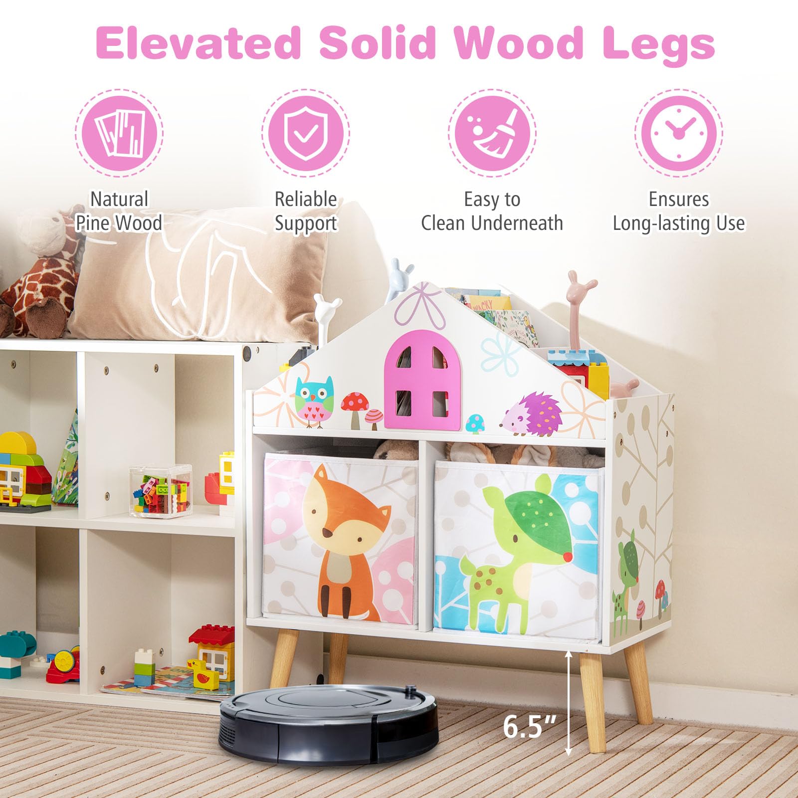 HONEY JOY Toy and Book Organizer for Kids, Wooden Stand Bookcase w/ 2 Storage Bins, Children Toy Storage Chest Box w/Elevated Solid Wood Legs, Toy Storage Unit Organizer for Playroom (White)