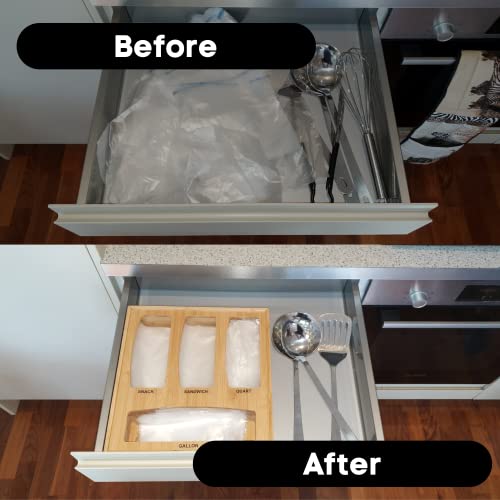 Ninjur Bamboo Ziploc Bag Storage Organizer & Dispenser for Kitchen Drawer – Food Baggie Organization Holder with Slider - Compatible with Gallon, Quart, Sandwich and Snack Plastic Bags