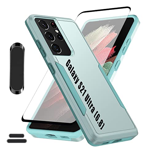 LMDAMZ for Galaxy S21 Ultra 6.8 Inch Double Layer Hybrid Military Grade Rugged Shock Resistant Drop Case with 1 PCS Magnetic Car Mount and 1 PCS HD Tempered Glass Screen Protector (Green)