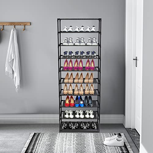 LFGUD 10 Tiers Shoe Rack, Simple Houseware 10-Tier Shoe Rack Storage Organizer 30-Pair, Easy Assembled Shoe Tower Stand, Sturdy Shoe Stand, Non-Woven Fabric Shoe Shelf Organizer Closet for Home, Black