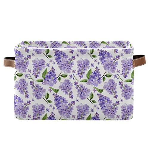 ALAZA Purple Lilac Flowers Storage Basket Rectangle Collapsible Storage Bins With Handles Durable Canvas Toy Basket Organizer Bin For Shelf Closet Bedroom Home Office