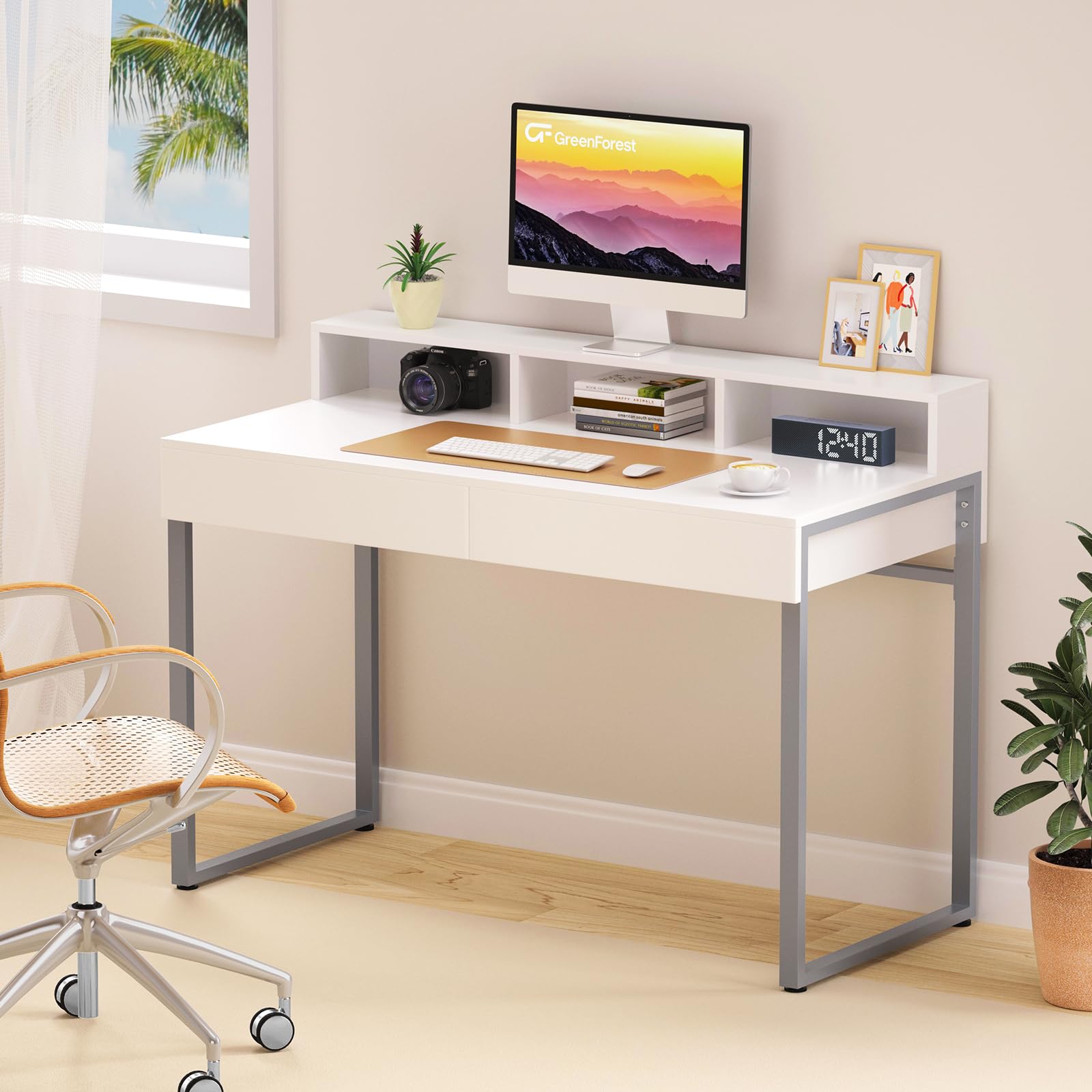 GreenForest Vanity Desk with 2 Drawers, White Makeup Desk with 3 Storage Spaces, 31.5 inch Small Desk with Silver Metal Legs, Modern Home Office Desk for Kids, Bedroom (No Mirror)
