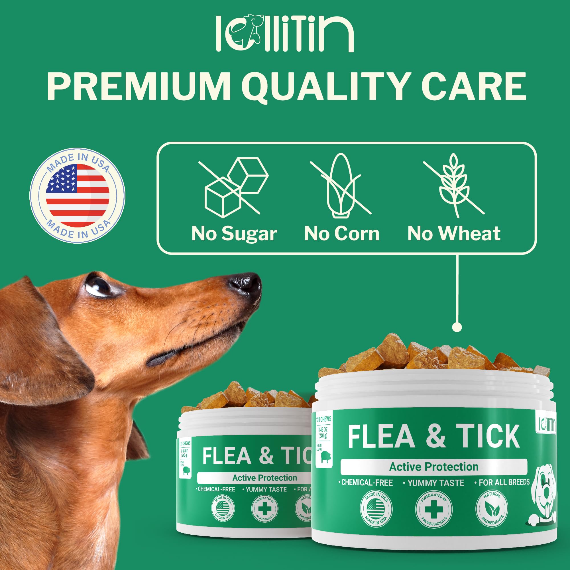 LOLLITIN Flea & Tick Dog Supplement - Made in USA - All Natural - Dog Chews 120 Count - Bacon Flavor - Dog Supplements - Natural Repellent