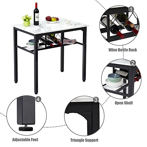 Kinfant 3 Pcs Bar Dining Table and Chairs Set with Faux Marble Tabletop - 2 Chairs, Contemporary Dining Table Set with Wine Rack for Home, Hotel, Dining Room, Kitchen or Bar, White & Black