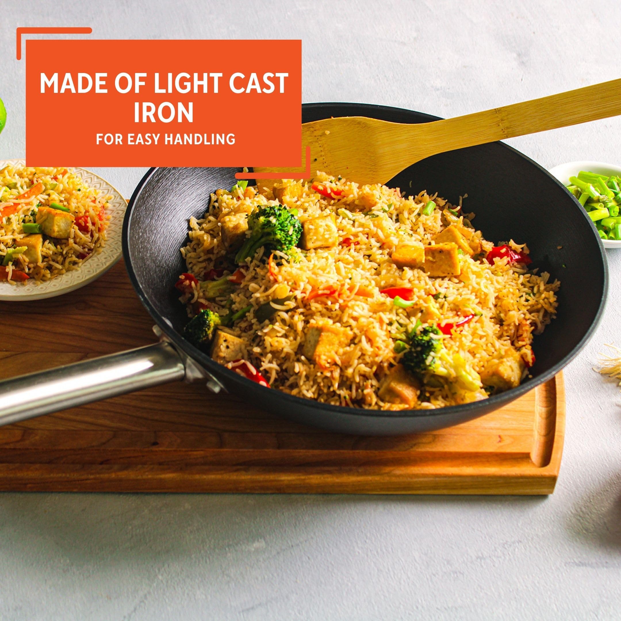 IMUSA Light Cast Iron Wok with Stainless Steel Handle & Pre-Seasoned Nonstick Interior, 12", Black