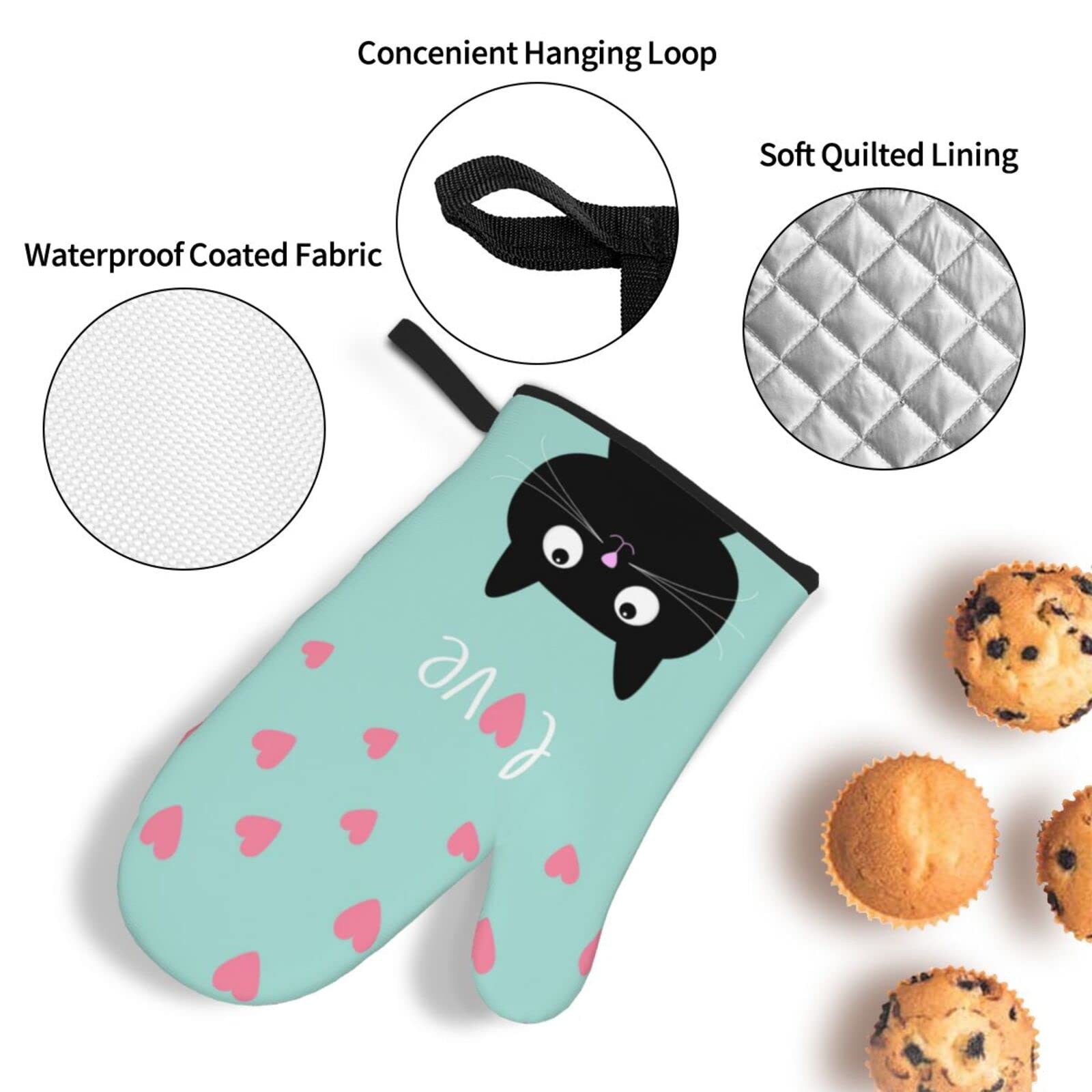 Cute Black Cat Love Oven Mitts and Pot Holders 4pcs Sets,Funny Kitchen High Heat Resistant Oven Mitts,with Oven Gloves and Hot Pads Pot Holders for Baking Cooking BBQ Grilling