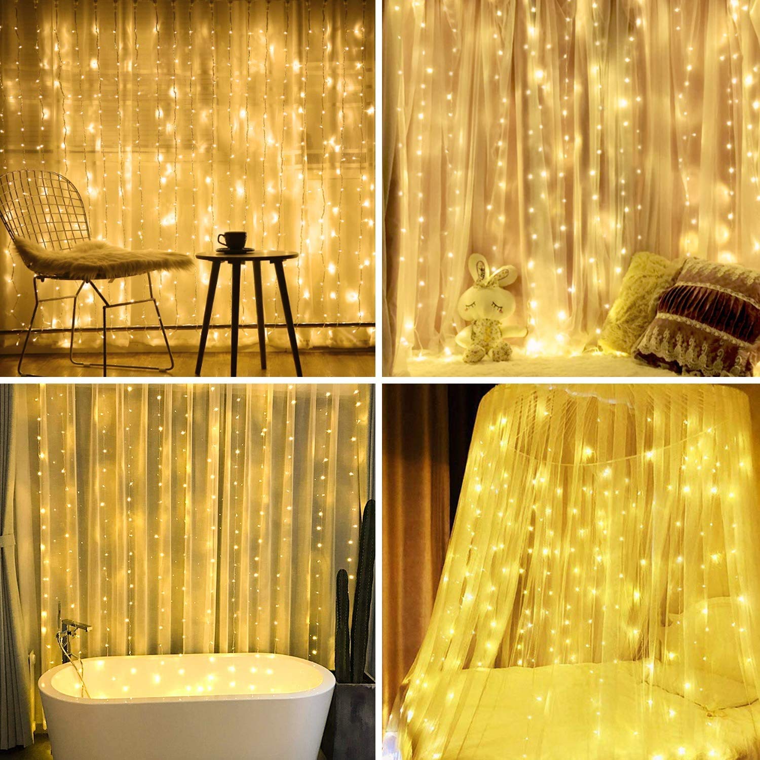 Solar String Lights Twinkle 300 LED Window Curtain String Light Solar Powered 8 Modes Fairy Lights for Wedding Party Home Garden Bedroom Outdoor Indoor Wall Decorations, Warm White