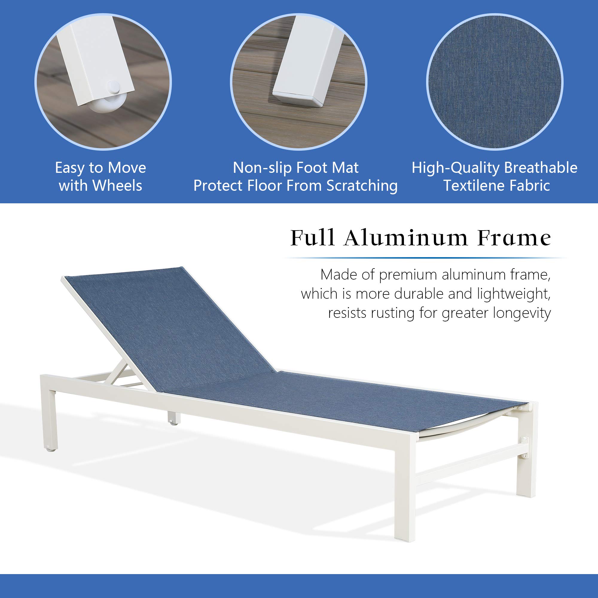PATIO TREE 2 Pieces Patio Aluminum Chaise Lounges Outdoor Reclining Lounge Chairs with Adjustable Backrest,Navy