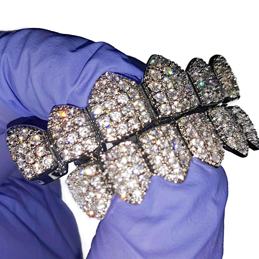 CZ Grillz Set Silver Tone Cubic Zirconia Micro Pave Bling Teeth Top & Bottom Row Iced Hip Hop Grills