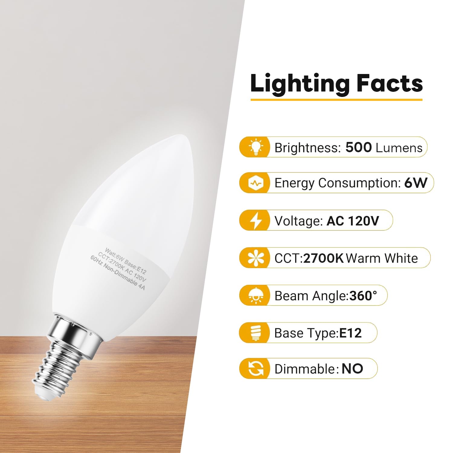 HengBo LED E12 LED Candelabra Bulbs, 60W Equivalent E12 Light Bulbs, C37 Candle Base Chandelier Light Bulbs, Non-Dimmable, Warm White 2700K, Pack of 6