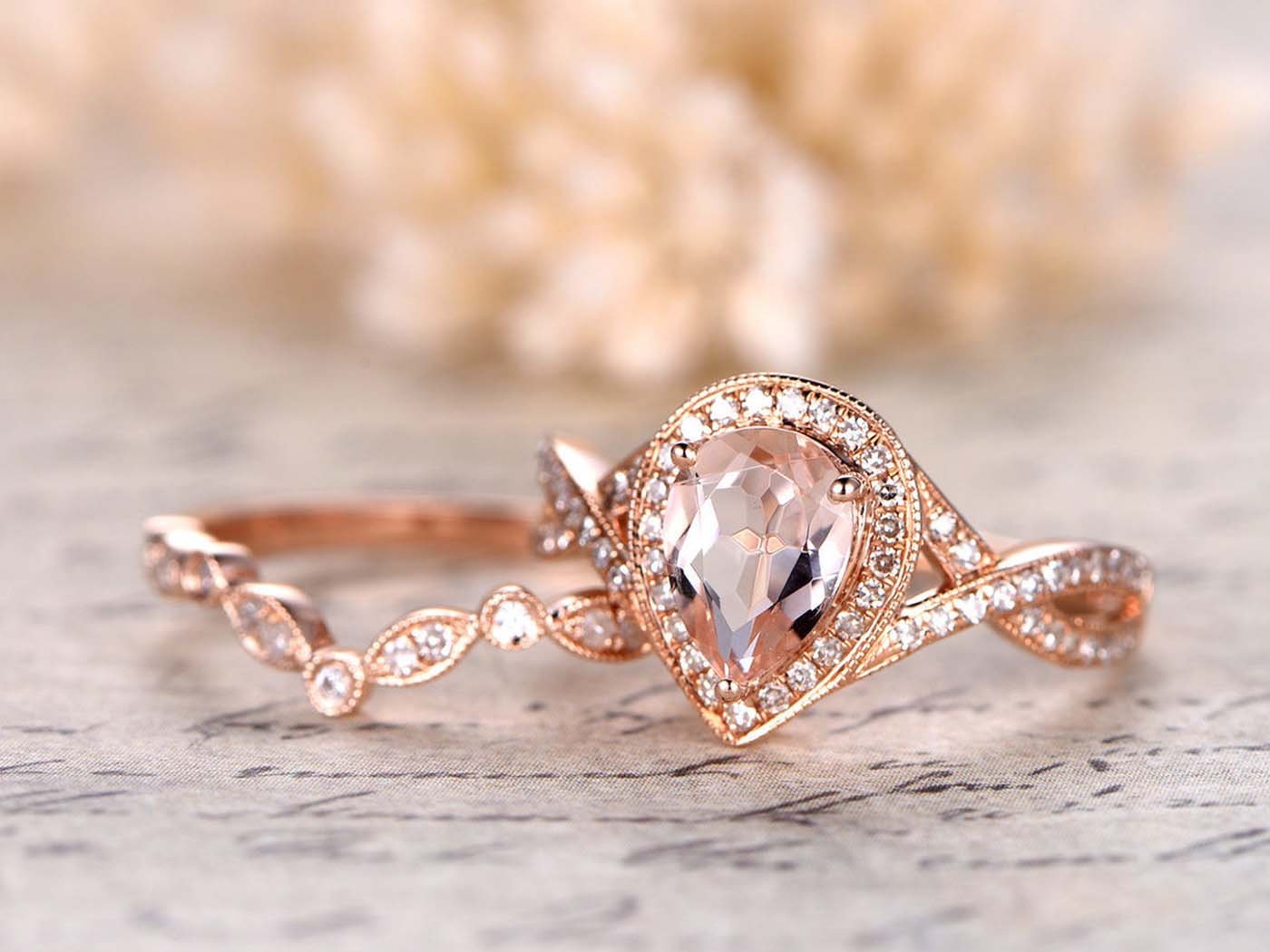 Dabangjewels Best 6x8mm Pear Cut Morganite & Diamond 18k Rose Gold Over .925 Sterling Silver Wedding Bridal Halo Ring Set