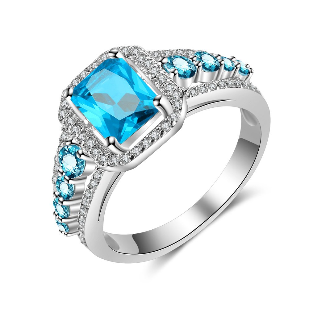 Czjewelry White Gold Plated Sky Blue Princess Cut Cz Stone Engagement Ring | Wedding Bands for Women