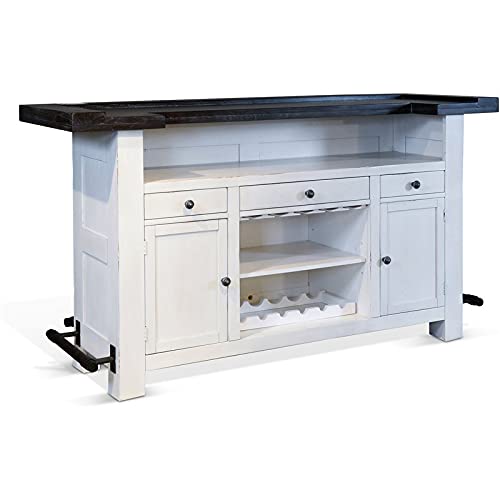 Pemberly Row 78" Farmhouse Wood Home Bar Unit Cabinet with Stemware Rack, Wine Rack for Dining Room Kitchen in Off White Dark Brown