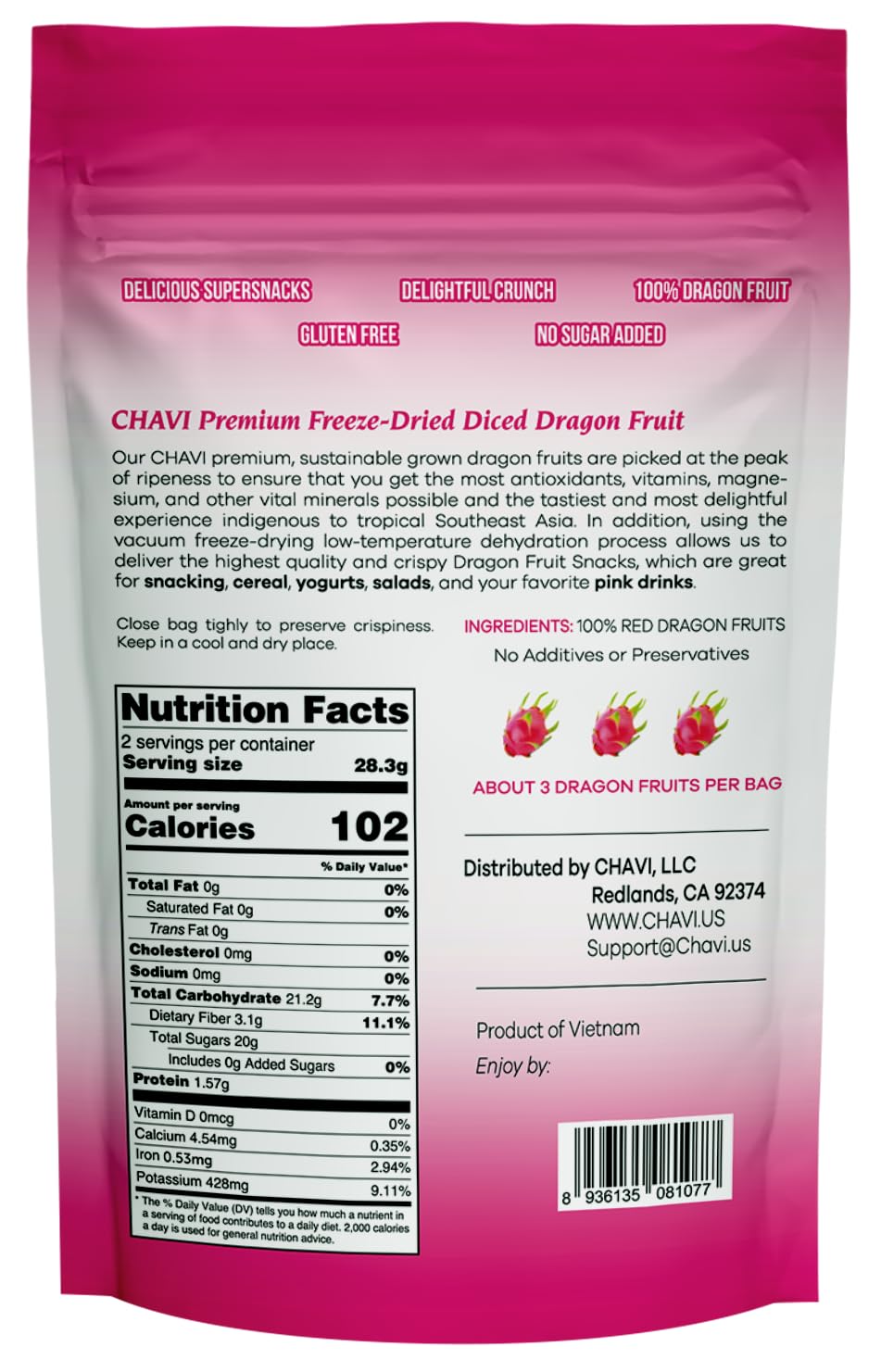 CHAVI Freeze-Dried Diced Dragon Fruit Snack - 2 Oz - Healthy 1 Ingredient Superfood - No Added Sugars or Preservatives - Non-GMO, Vegan, Gluten-Free…