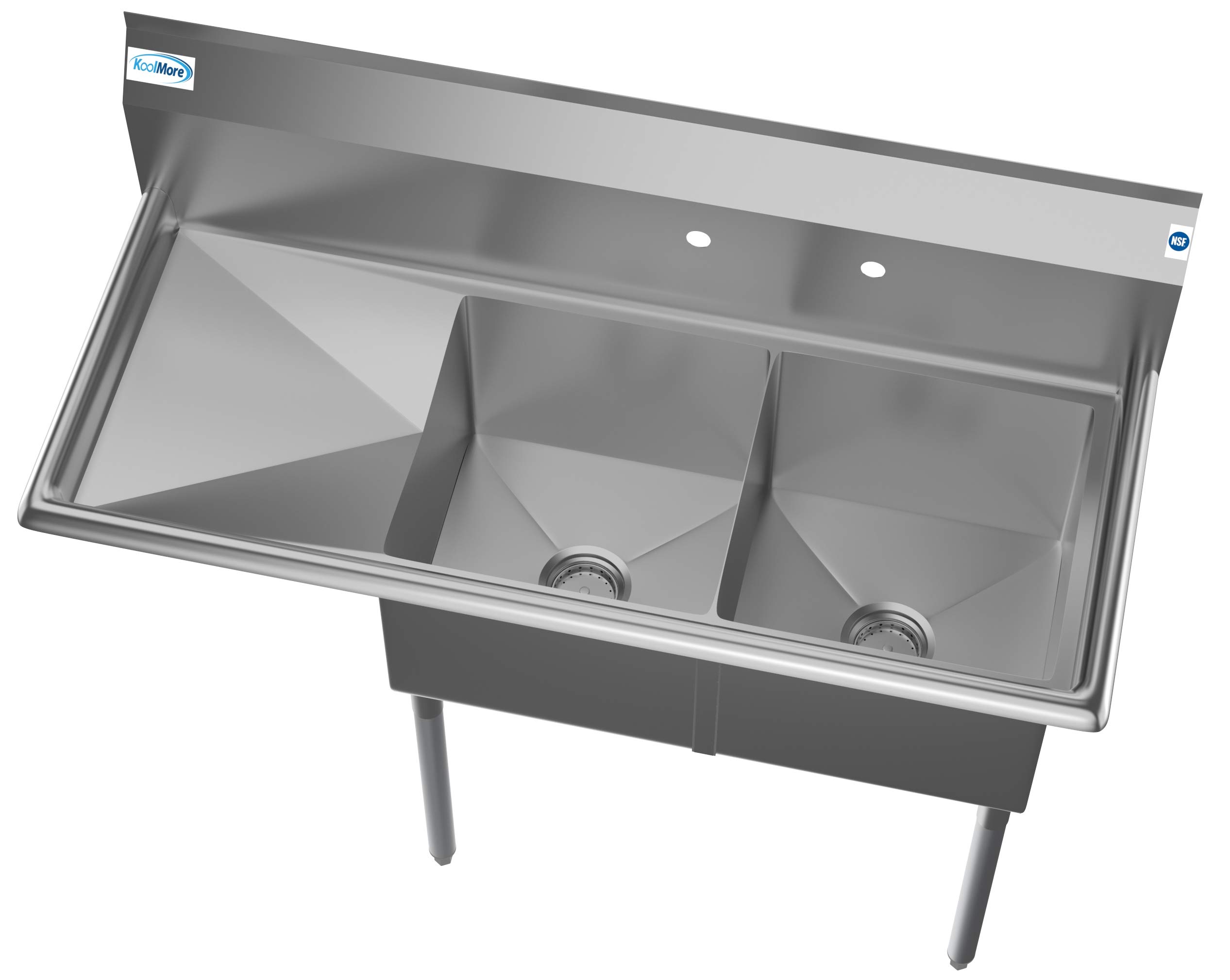 KoolMore 2 Compartment Stainless Steel NSF Commercial Kitchen Prep & Utility Sink with 2 Drainboards - Bowl Size 15" x 15" x 12", Silver, Left Drainboard