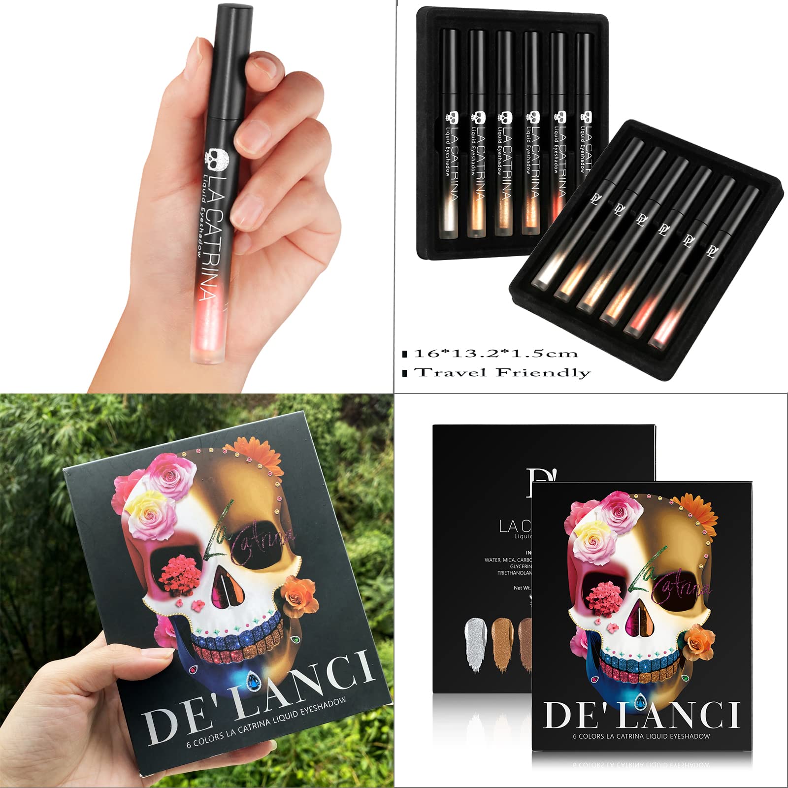 DE'LANCI Liquid Glitter Eyeshadow Eye Makeup Set,c,Long Lasting Gold Silver Pink Red Natural Brown Nude 6 Color Christmas Gift