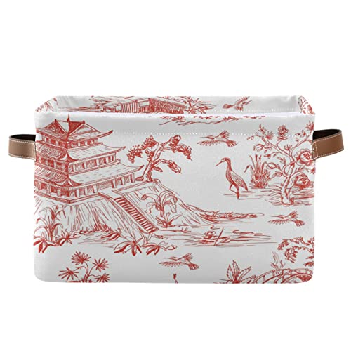 Kigai 2 Pack Storage Basket Chinoiserie Style Foldable Storage Box Laundry Hamper with Handle Toy Storage Bin for Home Closet Office Shelf