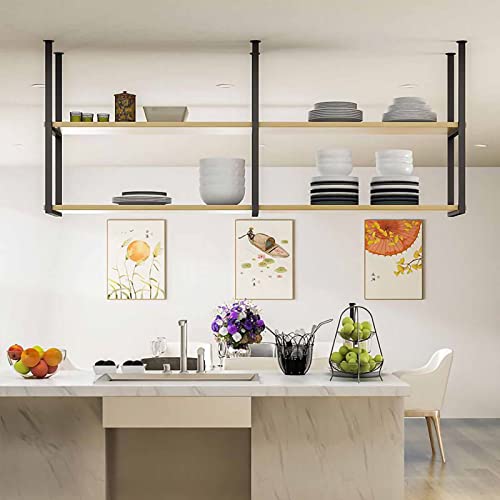 Guuurrrg Ceiling Mount Shelf Nordic Wrought Iron Ceiling Shelf, 2 Tier Ceiling Mounted Storage Shelf Wine Rack, Bar Restaurant Hanging Decorative Flower Stand, Easy to Install (Black 80 x 30 x 80cm)