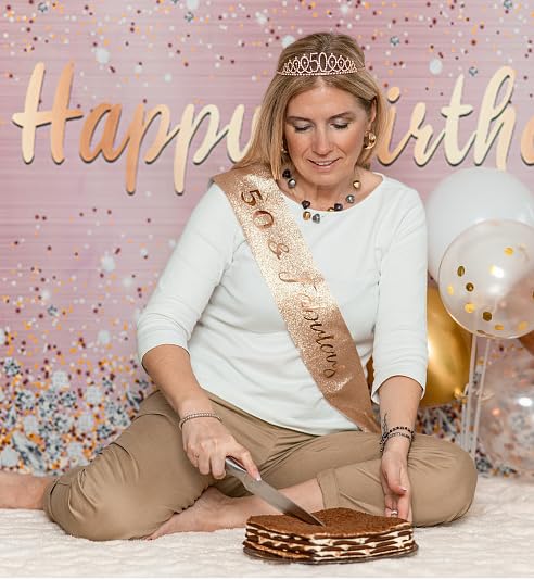 Semato 50th Birthday Decorations 50th Birthday Tiara Sash Kit- 50th Birthday Gifts for Women 50th Birthday Party Decorations (rose gold)