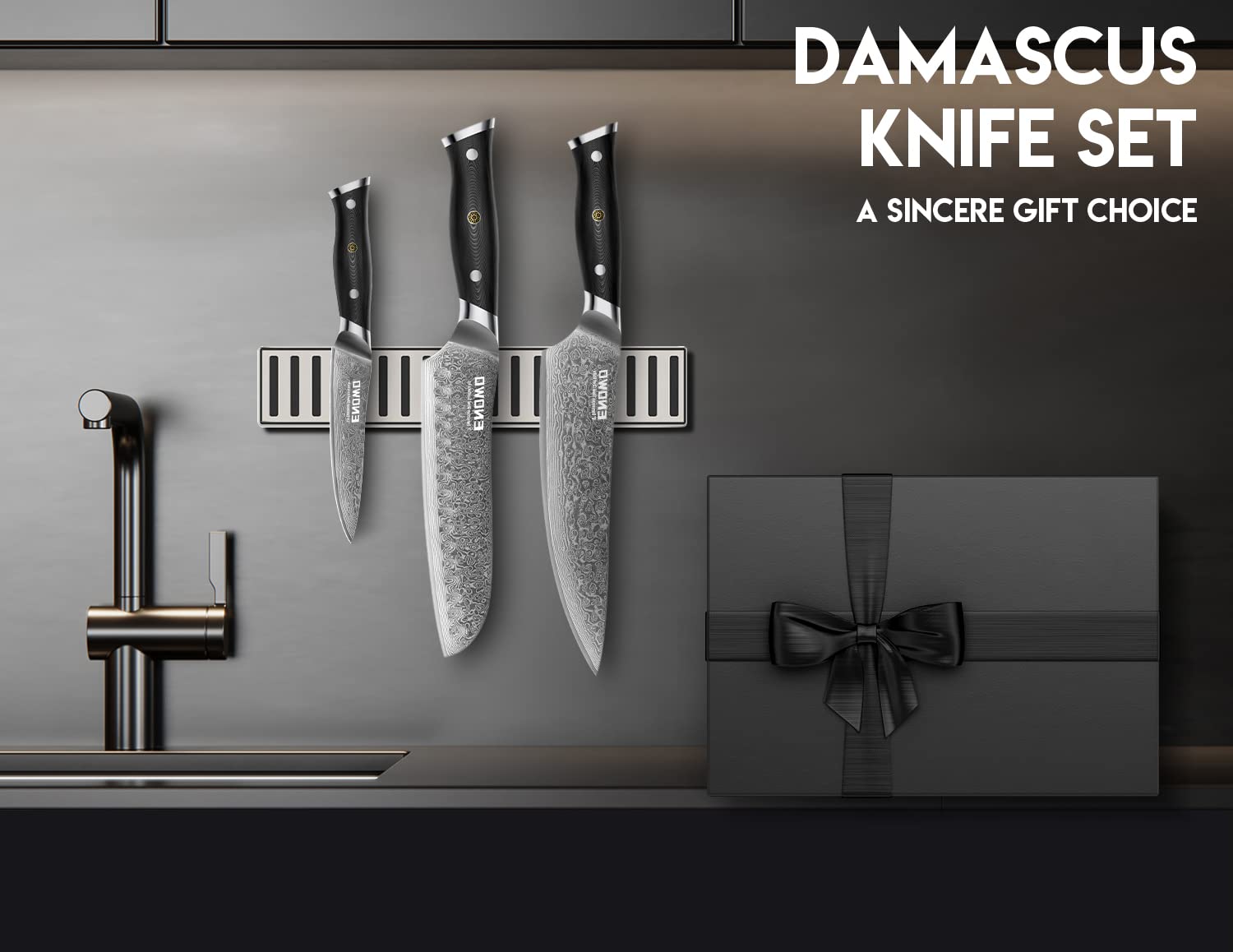 enowo Damascus Knife Set 3 PCS,Razor Sharp Kitchen Knives Made of Japanese Damascus Steel VG10, Well-Balanced Damascus Chef Knife set with Premium G10 Full Tang Handle Triple Rivet Gift Box