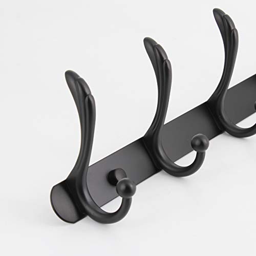 kimzcn Coat Rack Wall Mounted - 5 Tri Hooks, Heavy Duty, Metal Coat Hook Rail for Coat Hat Towel Purse Robes Mudroom Bathroom Entryway (Black)