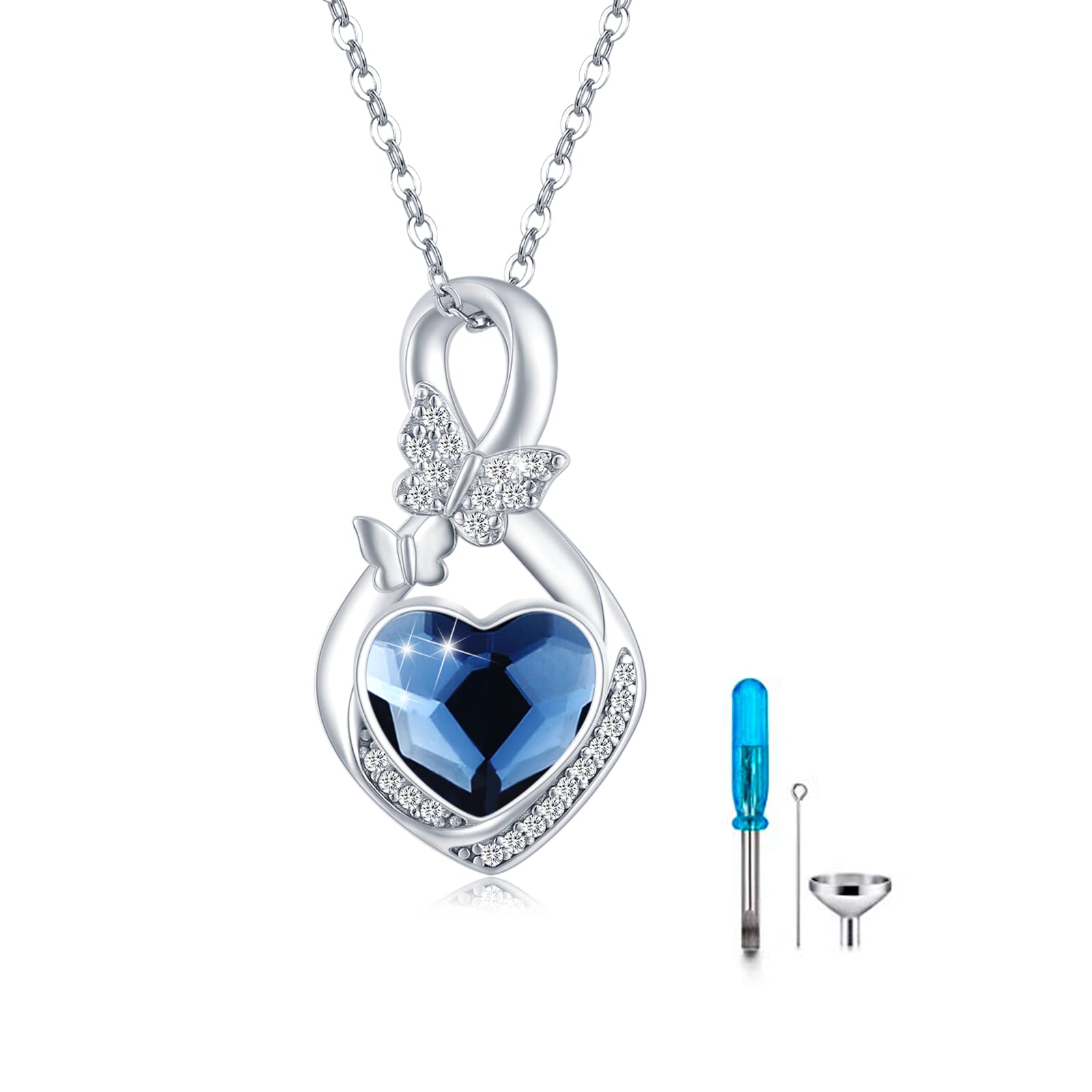 Cremation Jewelry for Ashes for Women 925 Sterling Silver Butterfly Urn Necklace for Ashes Infinity Ashes Keepsake Dainty Blue Austrian Crystal Heart Ashes Memorial Jewelry Gifts