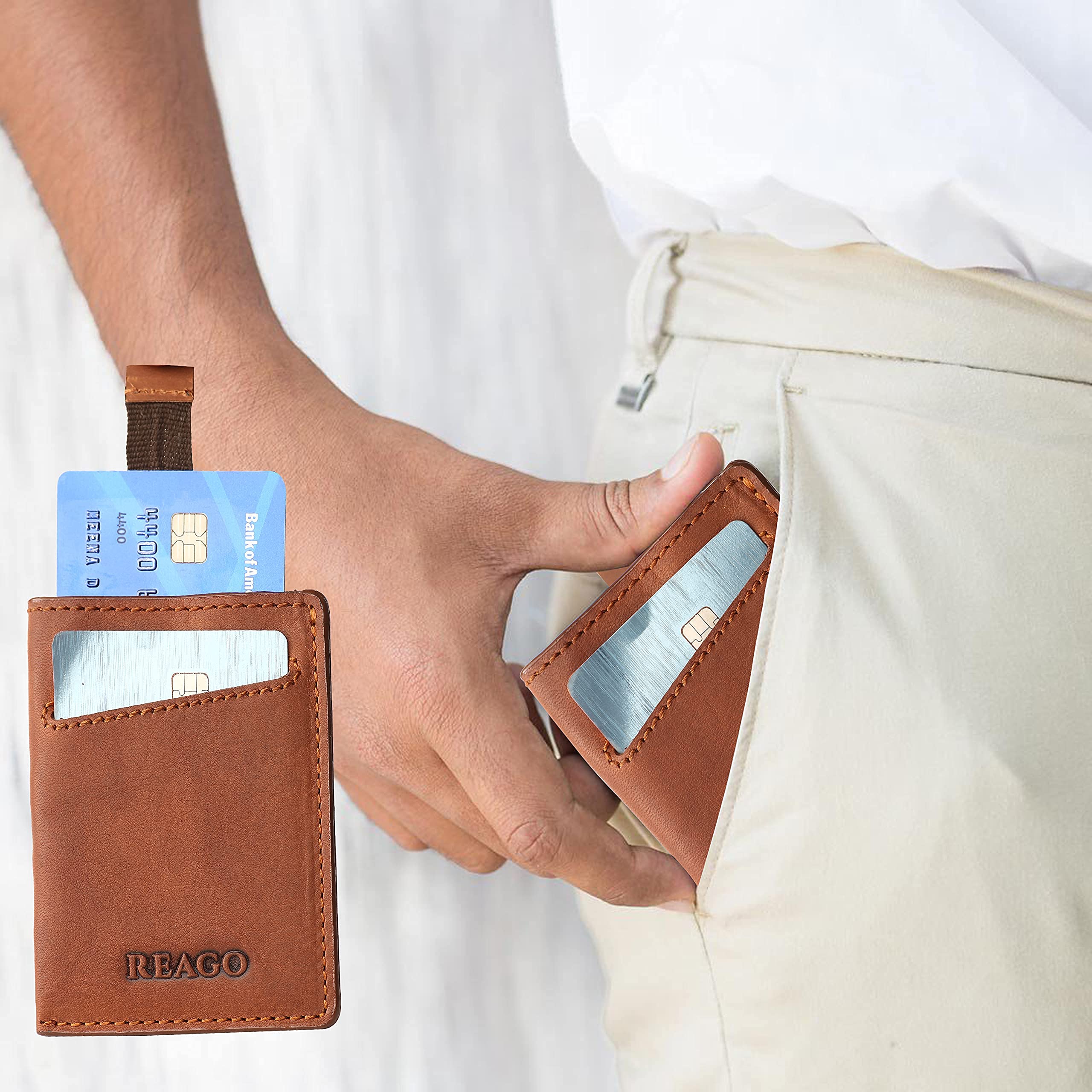REAGO Handcrafted Front Pocket RFID Crazy Horse Leather Wallet for Men Women, Credit Card Holder, Strong Stitching, Slip Pocket, Slim Minimalist Wallet