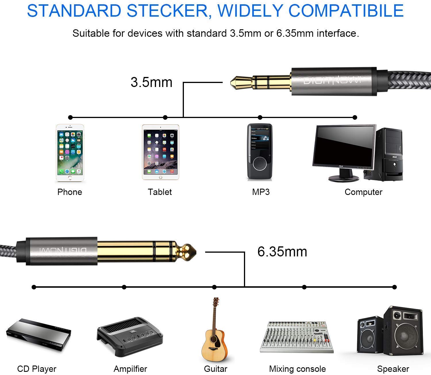 DIGITNOW 6.35mm 1/4" to 3.5mm 1/8" Male TRS Stereo Audio Cable with Alloy Housing and Nylon Braid for Smartphone, PC, Home Theater, Amplifier and Mixing Console, 6.6Ft