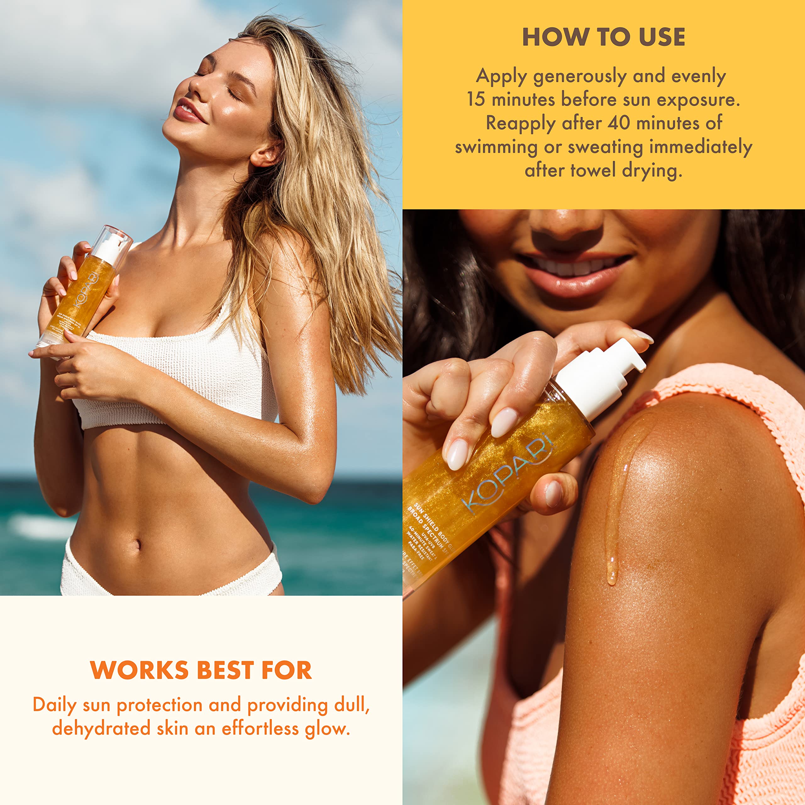 Kopari Sun Shield Body Glow, Broad Spectrum SPF 50, Lightweight Shimmering Gel Texture Absorbs Quickly, Non Sticky, Glowing Results, Gold 5 oz