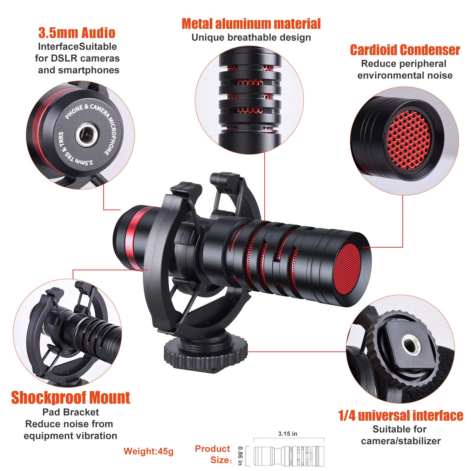 Cenawin Video Microphone, Universal Camera Microphone with Shock Mount for iPhone Android Smartphones, Vlogging,Canon EOS, Nikon DSLR Camera, Panasonic, and Camcorders - Shotgun Microphone