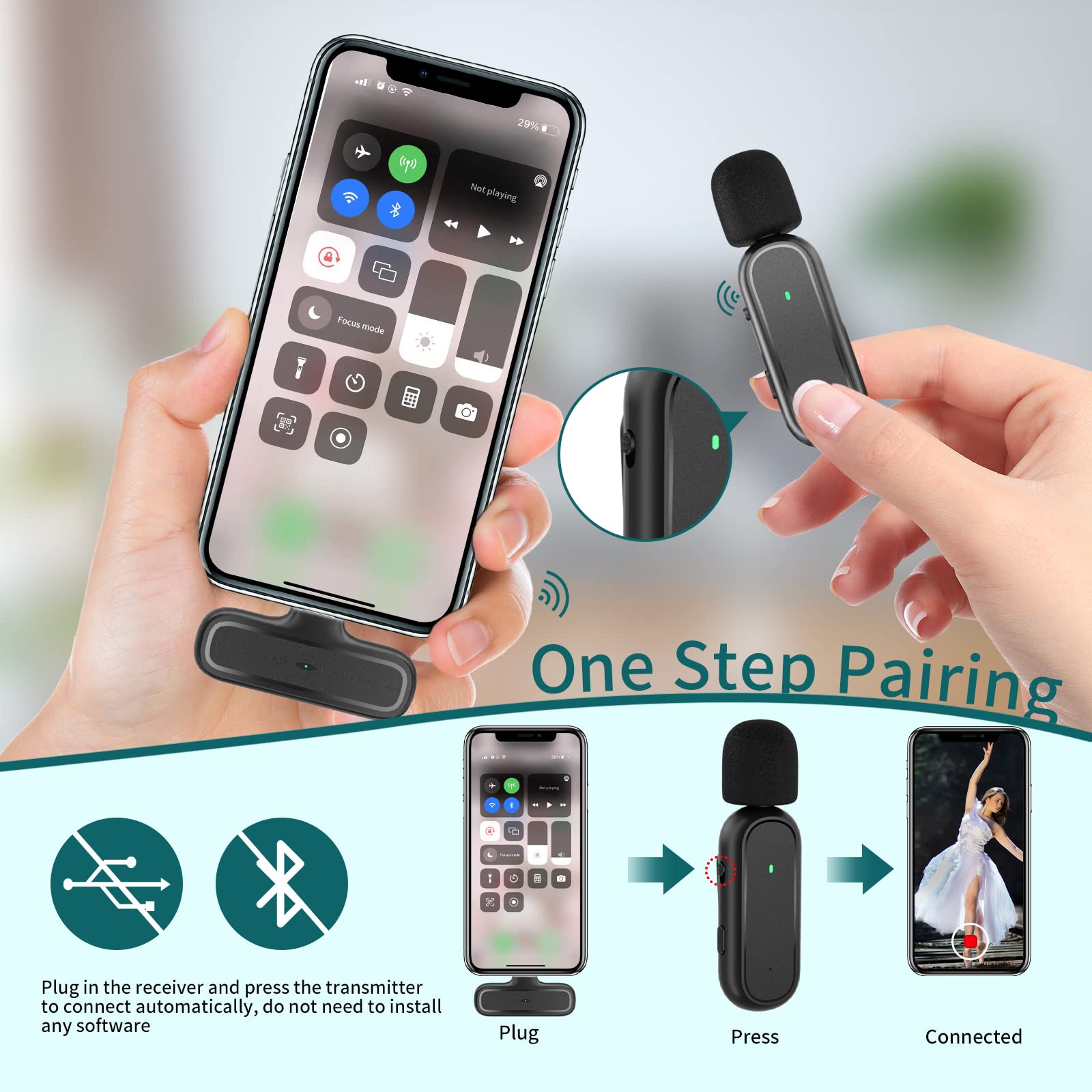 cjww Wireless Microphone for iPhone iPad with Charging Case, [Professional Grade] 2 Pack 3 Mode Noise Reduction Wireless Lavalier Microphone for Video Recording, Interview, Vlog, YouTube