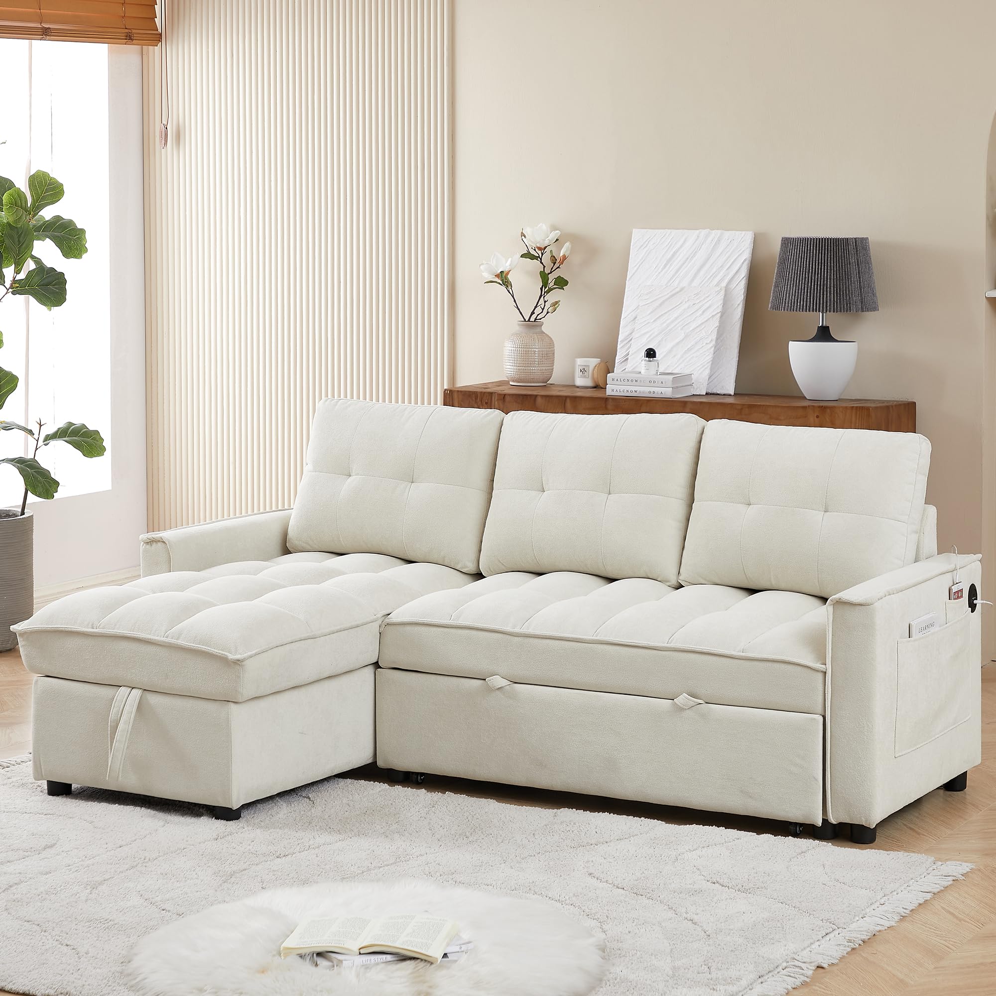 GNIXUU Sleeper Sofa Bed, 78.7" Pull-Out Couch Bed with USB and Tape-C Ports, Tufted L Shape Convertible Sectional Sofa with Storage Chaise for Living Room, Apartment, Small Spaces, Office, Beige