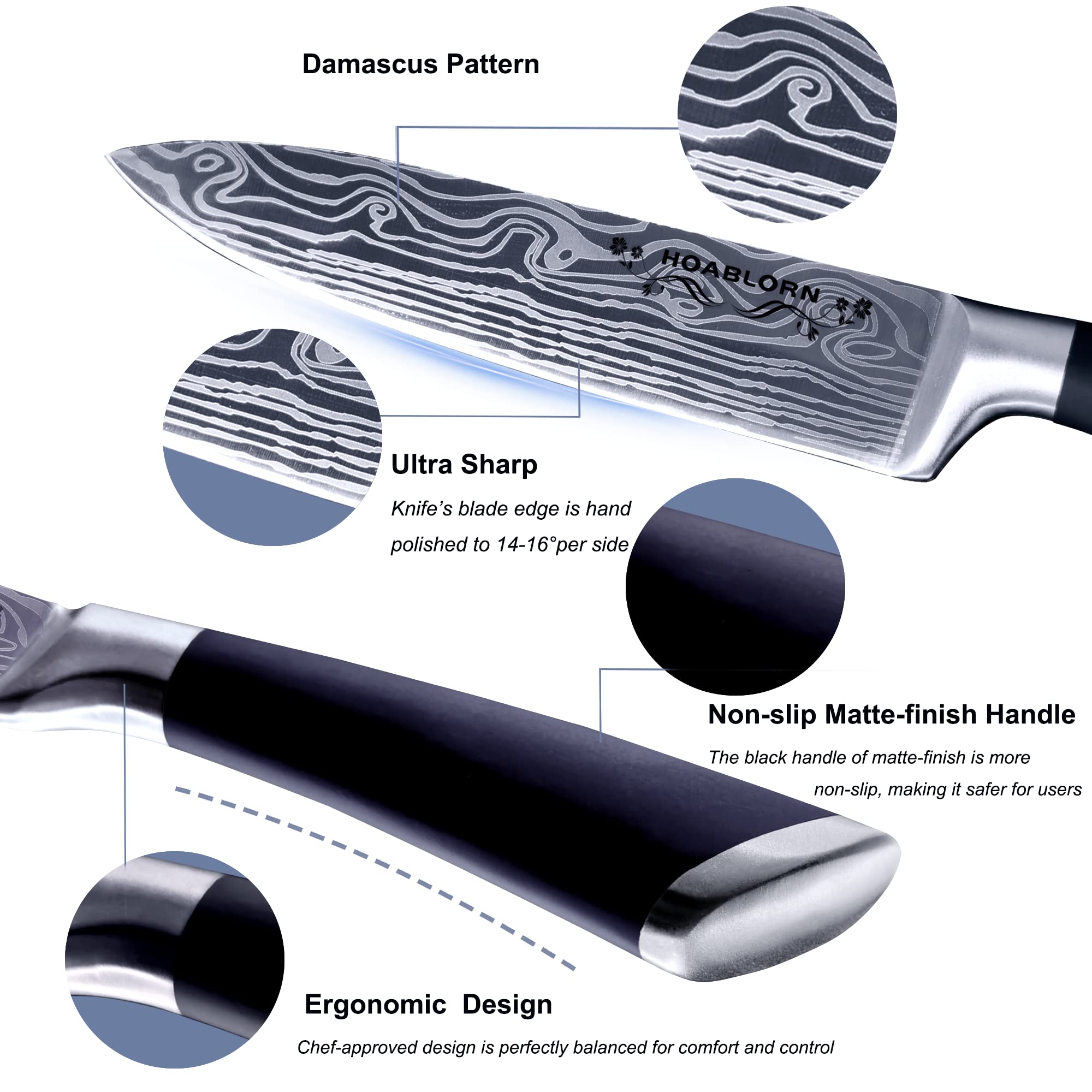 Knife Set Kitchen Knife Set with Knife Block, 15-Piece Professional Stainless Steel Damascus Set with Built-in Knife Sharpener and Free Wine Box,Great Gift Idea!